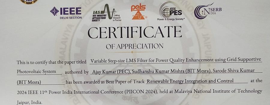 Dr. Ajay Kumar, Department of Electrical Engineering, Received Best Paper Award at 11th IEEE ...